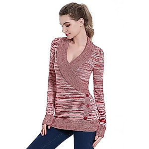 AmélieBoutik Women V Neck Faux Wrap Long Sleeve Marled Tunic Sweater (Heather Red X-Small)