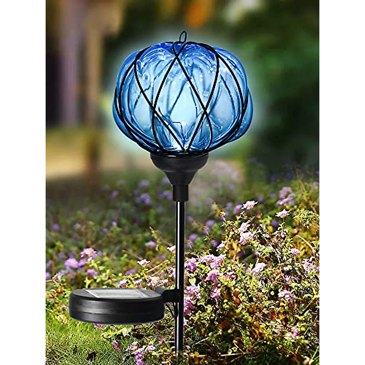 2 Pack Garden Solar Lights Pathway Outdoor,Blue Crackle Glass Heart Stake Metal Lights,Garden Decor Light Waterproof Solar Stake Lights for Lawn Patio Yard