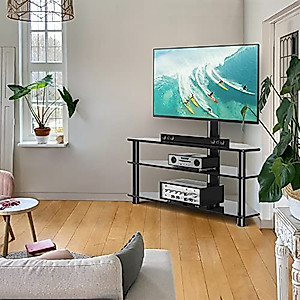 Rfiver Swivel Glass TV Stand with Mount for 32-70 Inch Flat or Curved Screen TV up to 110 lbs, Height Adjustable Corner Floor Entertainment Center with TV Mount and 3-Tier Storage for AV Media