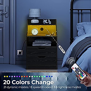 Rolanstar Nightstand with Charging Station and LED Lights, 2 AC and USB Power Outlets, Night Stand with 2 Drawers and Storage Shelves, Bedside Table for Bedroom - Black