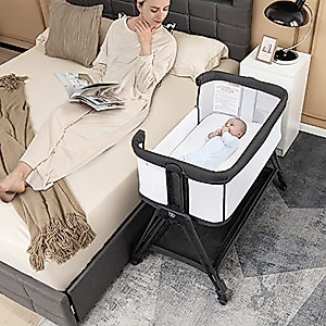 BABY JOY Bassinet Bedside Sleeper, Easy Folding Baby Crib w/All-Side Mesh, Storage Shelf, 7 Adjustable Heights, Mattress & Travel Bag for Safe Co-Sleeping, Portable Baby Bed for Newborn Infant -Black