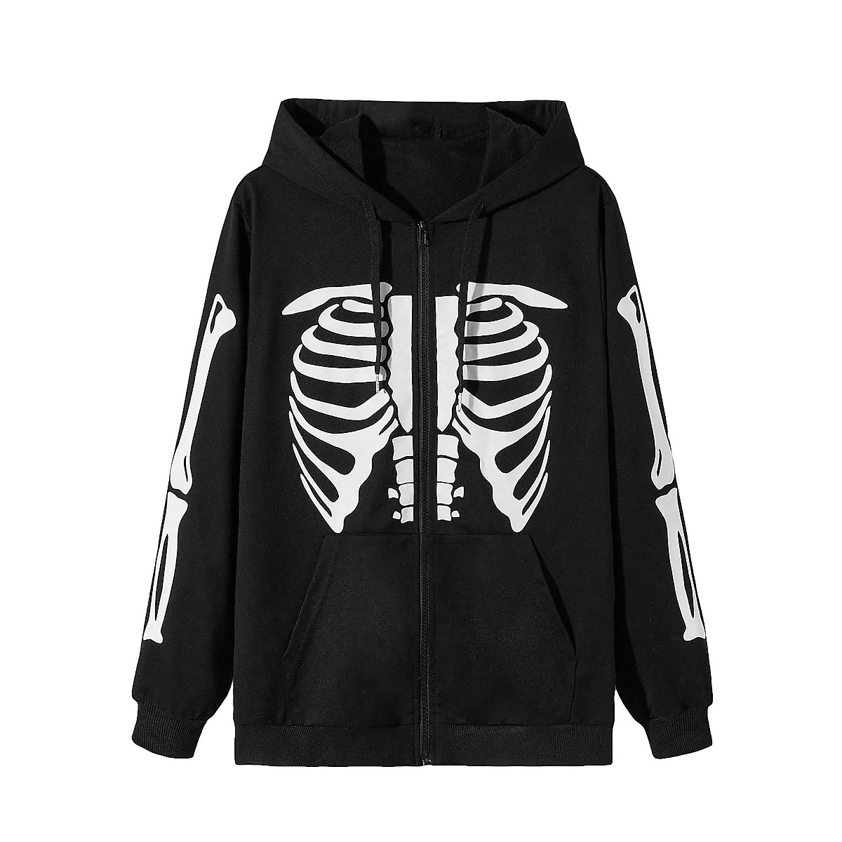 SHENHE Men's Skeleton Hoodie Drawstring Zip Up Graphic Sweatshirt Streetwear Black L