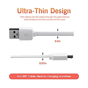 30FT Flat Power Extension Cable for Wyze Cam v4/v3/OG/v3 Pro, Blink Mini, Kasa Indoor, Blink Mini Pan, SimpliSafe, 9m Long Micro USB Charging Cord with 5V 2A Adapter(Not for Wyze Pan v3)