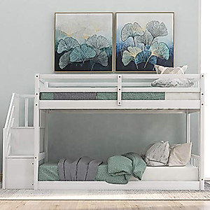 Twin Over Twin Floor Bunk Bed with Storage Shelves,Low Bunk Bed Frame with Stairs and Guardrails for Bedroom, Dorm, Kids, Teens, No Box Spring Required