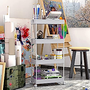 SPACEKEEPER Storage Cart, 4-Tier Mobile Shelving Unit, Bathroom Rolling Cart Utility Storage Organizer Shelf for Kitchen Living Room Bathroom Laundry Room & Dressers, Gray