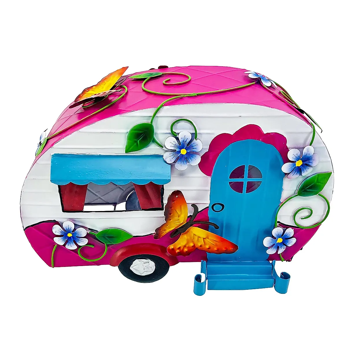 SUBOLO Fairy Camping Trailer Garden Statue Outdoor Metal Fairy House Garden Decor for Home Lawn Porch Patio Decoration