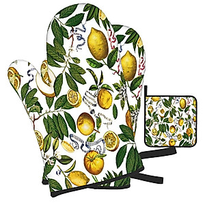 Watercolor Yellow Lemon Oven Mitts and Pot Holders Set of 3 Lemons Hot Pads with Non-Slip Heat Resistant Microwave Golves for Kitchen Cooking Grilling BBQ