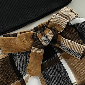 Fernvia Toddler Baby Girl Fall Winter Skirt Set Turtleneck Ribbed Long Sleeve T-Shirt Top & Plaid Skirts Dress 2Pcs Outfits (E Black, 3-4 Years)