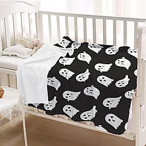 Cute Little Funny Ghost Blanket Gift for Girls Boys, Spooky Decor Plush Soft Fleece Flannel Black White Spooky Halloween Throw Blanket Sheet for Toddler Kids Lap Chair 40X30In