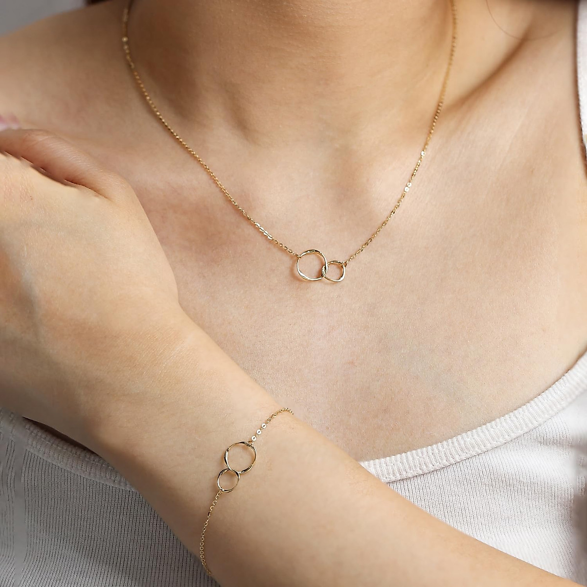 AGVANA 14K Solid Real Gold Two Interlocking Infinity Eternity Circles Bracelet for Women Mother Bracelet Fine Jewelry Anniversary Birthday Gifts for Women Mom Wife