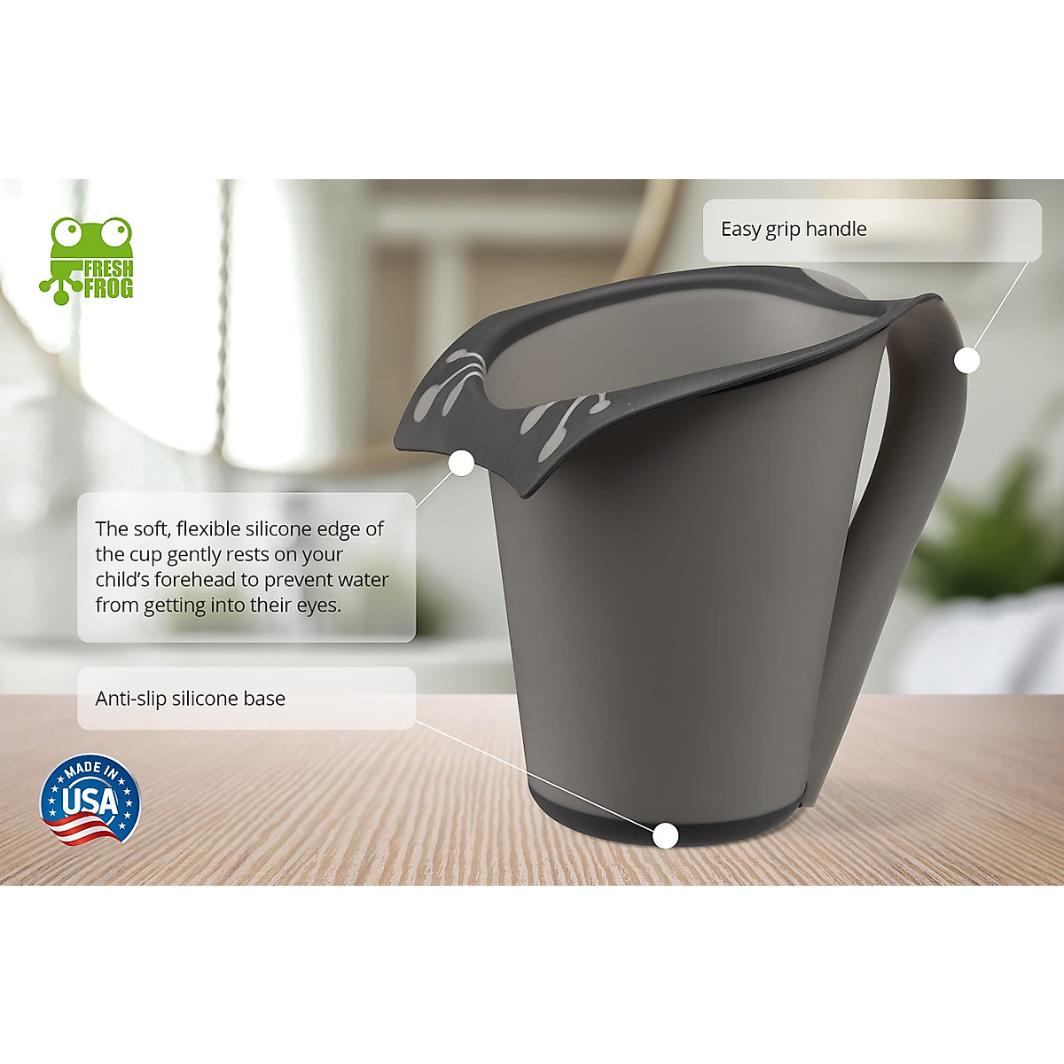 FRESH FROG - Plastic Bath Cup (800ml, 27 fl Ounce) Waterfall Rinser, Made in USA (Grey)