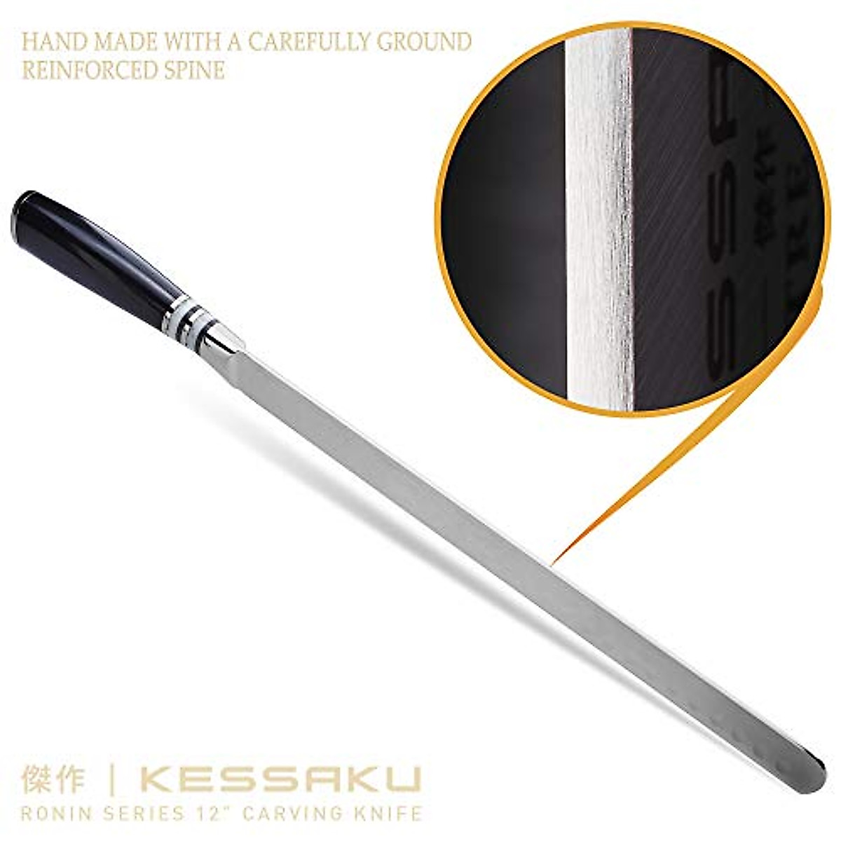 KESSAKU 12-Inch Slicing Carving Knife - Ronin Series - Granton Edge - Forged High Carbon 7Cr17MoV Stainless Steel - Pakkawood Handle with Blade Guard