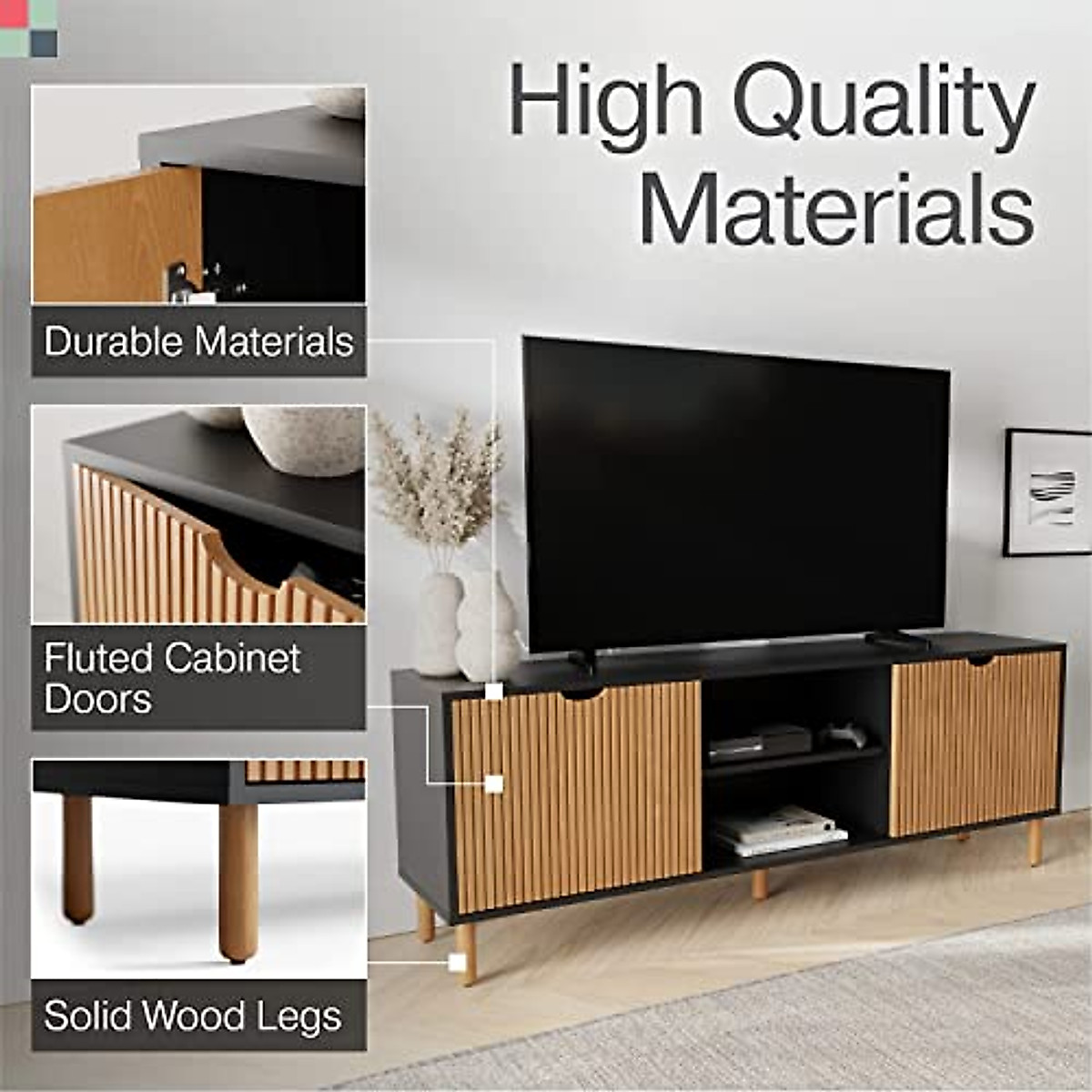 Stead Contemporary Fluted TV Stand 2023 Collection- 70” Entertainment Center Console Table with Storage for Living Room - Fits 32 to 80" TVs (Black and Oak)