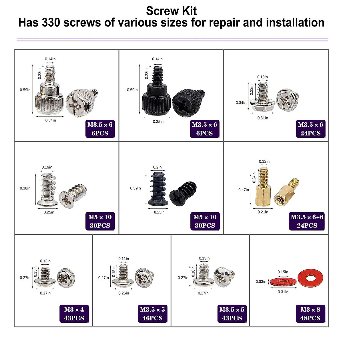330Pcs Computer Replacement Screw, Personal Computer Screw Standoffs Set Kit Assortment Set for Motherboard Chassis Fan Tablet, Gasket Retaining Ring