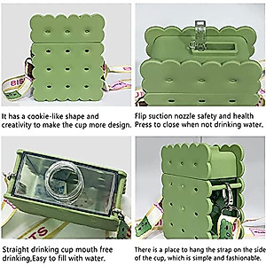 380ML Biscuits Shape Water Bottle,Kawaii Square Water Bottle with Straw,Crossbody Drinking Bottle,Adjustable Shoulder Strap Leak Proof Cups,Convenient Creative Cute Kids Travel Accessories (AA, Pink)
