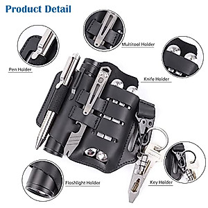 Leather Sheath for Belt,Multitool Sheath EDC Pocket Organizer for Men with Pen Holder,Knife Leather Pouch Flashlight Holster