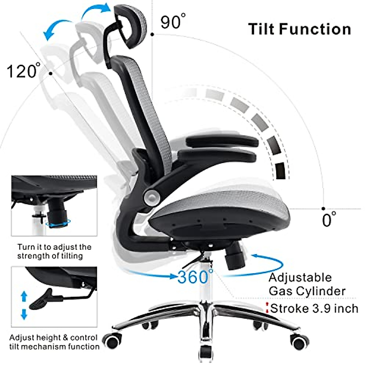 Ergonomic Mesh Office Chair, High Back Computer Mesh Desk Chair with Adjustable 2D Headrest & Flip Up Arms, 135°Tilt Function, Mesh Seat, Breathable Swivel Executive Task Chair for Tall People