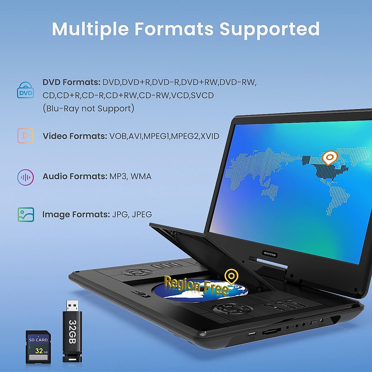 WONNIE 16.5" Portable DVD Player with 14.1" Large HD Swivel Screen, 6 Hours Rechargeable Battery, High Clear Volume Speaker, Support USB/SD Card/Sync TV, Last Memory and Multiple Disc Formats