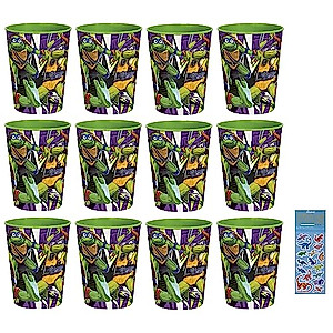 Unique TMNT Teenage Mutant Ninja Turtles Birthday Party Supplies Favor Bundle includes Plastic Reusable Favor Cups - 12 Count and 1 Dinosaur Sticker Sheet