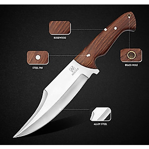 Nescole Handmade D2 Steel Hunting Bowie Knife With Rose Wood Handle & Leather Sheath - 13.5" Tactical Bowie Survival Hunting Knife For Camping, Hiking, Skinning, Fishing