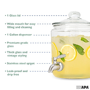 Ilyapa 1 Gallon Apothecary Beverage Dispenser with Lid - 3 Piece beverage dispenser, jar, spigot, lid - Dispensers for Parties - Mason Jar Drinking Dispenser with Lid