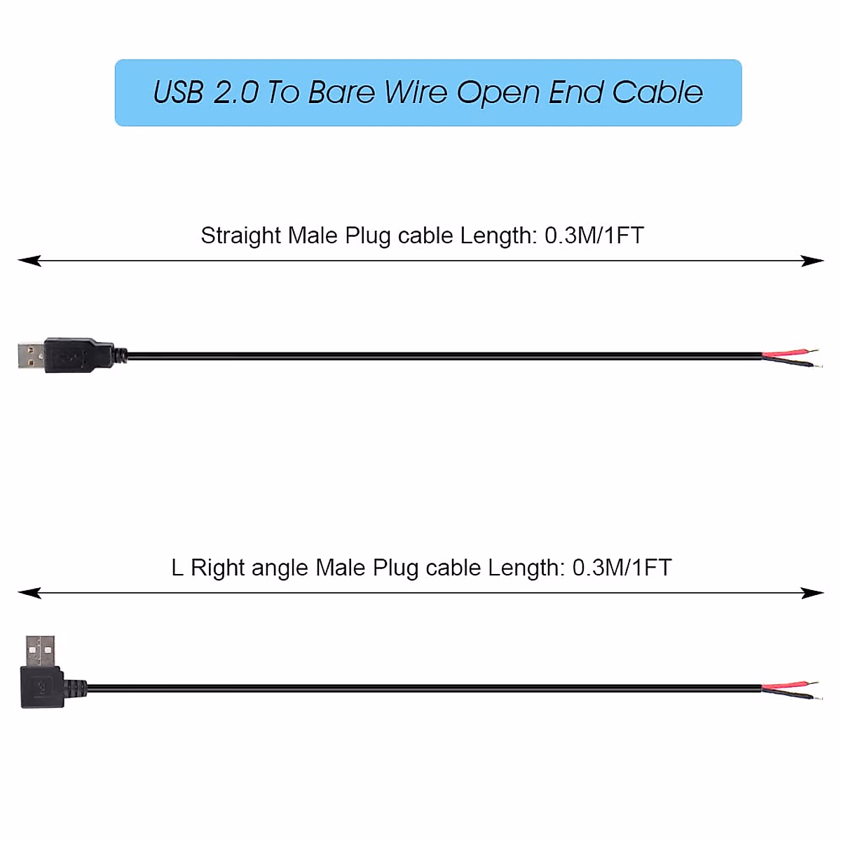 4pcs USB 2.0 to Bare Wire Open End Cable 12inch 5V 2.1A 2 cores Power Pigtail Repair Tin on The Tail Cable Cord DIY Black, 1 feet,2 Packs Straight Male Plug&2Packs L Right Angle Male Plug Included