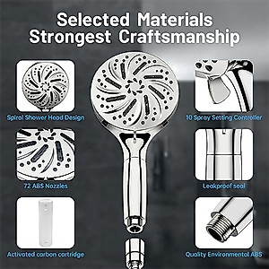 High Pressure Shower Head with Handheld - Filtered Shower Head with Pause and Jet 𝟏𝟎 Modes, Removable Powerful Pressure Hand Held Showerhead with Extra Long Hose and Detachable Filter
