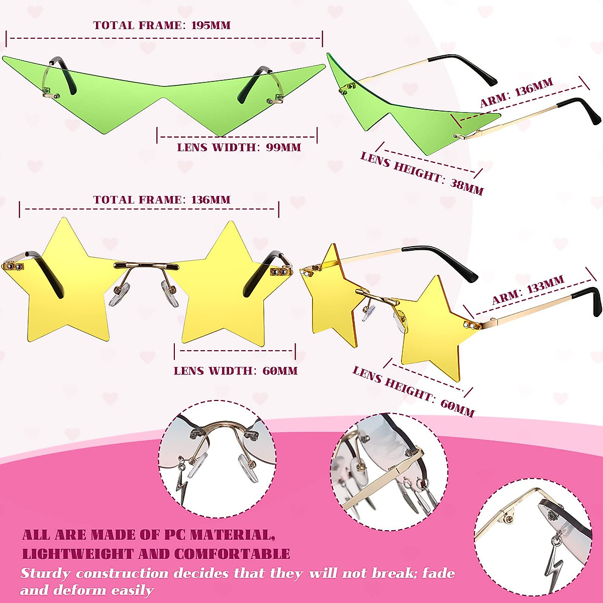 Juinte 8 Pcs Irregular Sunglasses Set Rimless Lovely Flame Rectangle Cloud Star Butterfly Sunglasses Frameless Candy Color Glasses Heart Slender Oval Triangle Sunglasses for Women Men (Stylish Style)