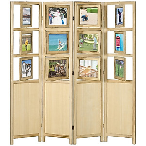 HOMCOM 4 Panel Room Divider, 5.6' Indoor Wood Portable Folding Privacy Screens with Photo Frames and Cardstocks, Hinged Freestanding Partition Wall Dividers for Home Office, Natural