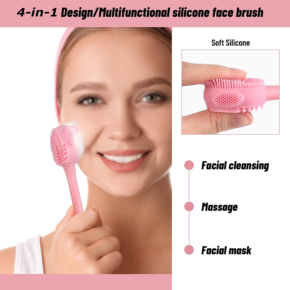 Silicone Facial Cleansing Brush 3 Designs, Beomeen 4 in 1 Handheld Face Scrubber for Deep Gentle Exfoliating, Double-Ended Face Wash Scrub Brush for Face Skincare and Massage (Pink)
