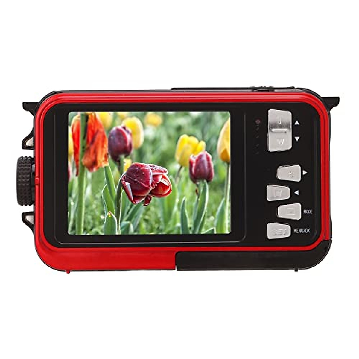 Dual Screens Waterproof Digital Camera, Full HD 2.7K 48MP 10ft 16X Digital Zoom Waterproof Dual Front and Rear Screen Digital Camera for Teenagers Beginners. (Red)