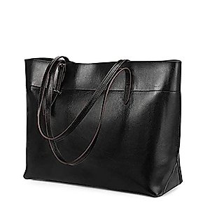 Kattee Vintage Genuine Leather Tote Shoulder Bag for Women Satchel Handbag with Top Handles (Black)