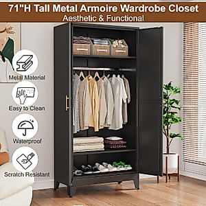 pozdeg Metal Armoire Wardrobe Closet, 71" Tall Clothing Storage Cabinet with Hanging Rods, Household Closet Organizers with Adjustable Shelves for Home Office or Gym (Black)