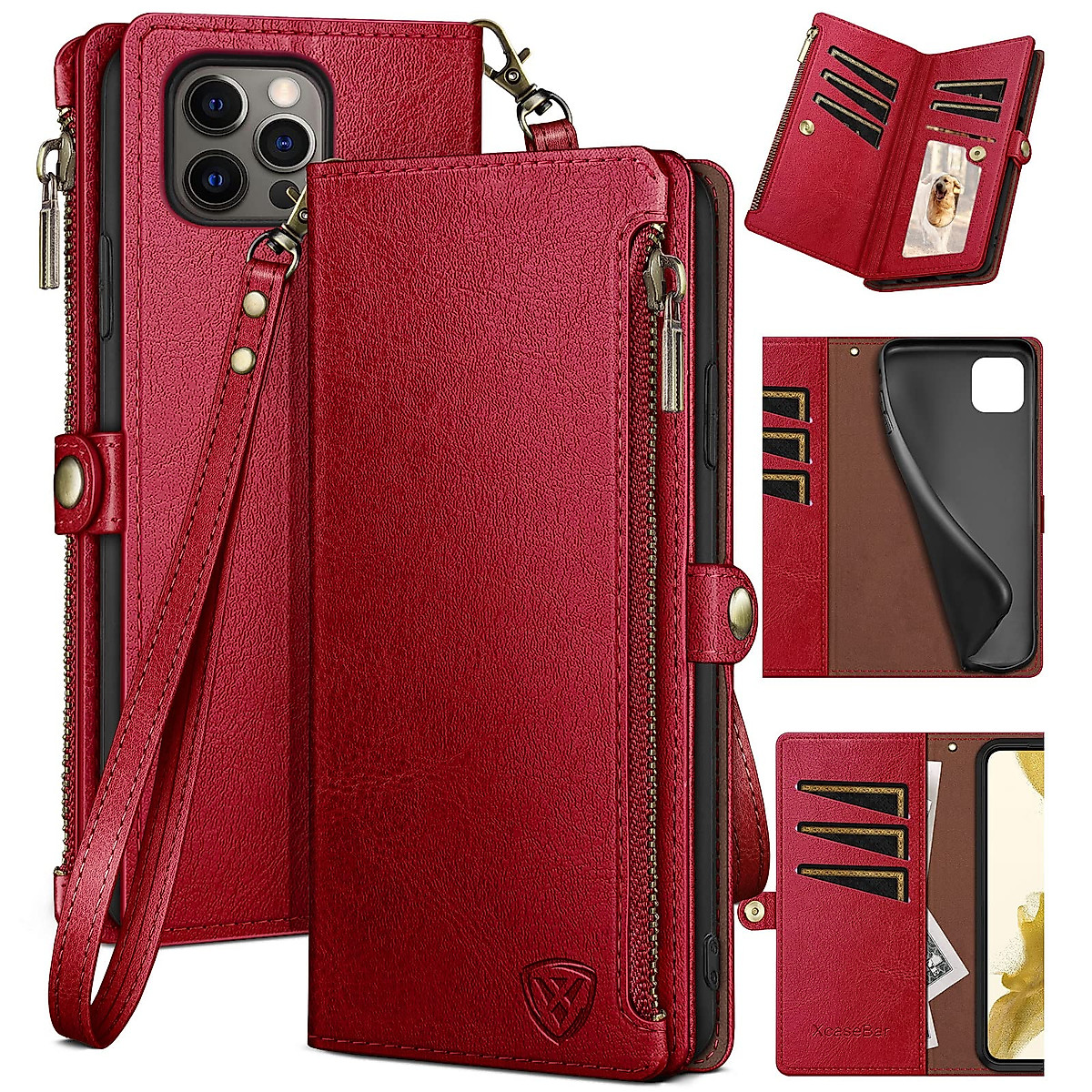 XcaseBar for iPhone 13 Pro Max 6.7" Wallet case with Zipper Credit Card Holder【RFID Blocking】, Flip Folio Book PU Leather Phone case Shockproof Cover Women Men for apple 13 Pro Max case Red