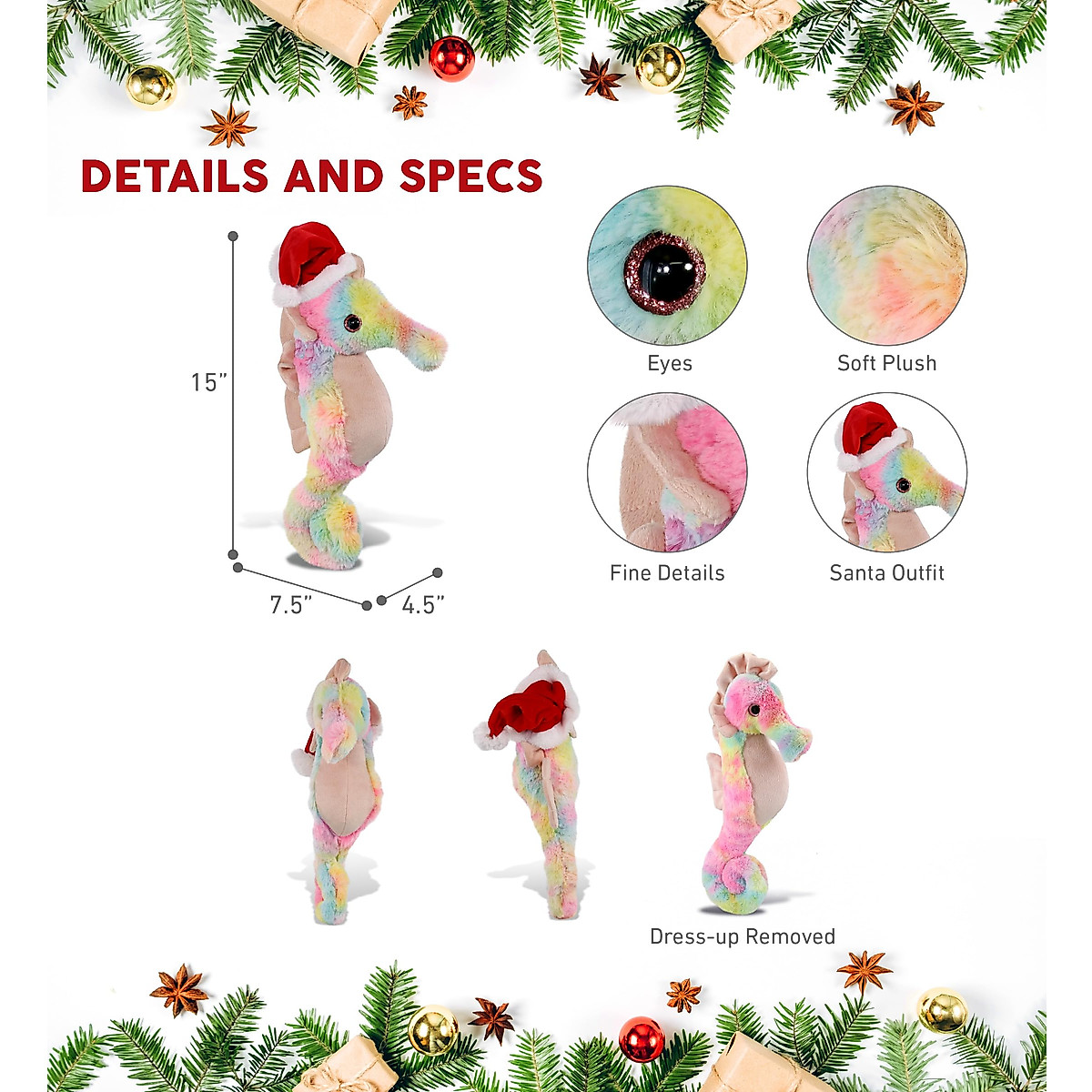 DolliBu Santa Rainbow Seahorse Stuffed Animal Plush Toy - Wild Animal Dress Up with Red Santa Claus Hat, Cute Wildlife Gift, Perfect Holiday with Name Personalization - 15 Inches