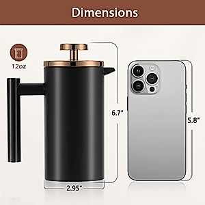Meelio Black French Press Coffee Maker 12oz, Stainless Steel Double Wall Insulated Coffee Press with Rose Gold Metal Lid, Included 2 Extra Screens and 1 Coffee Spoon, 350ml