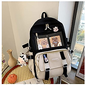 DACHAIHU Kawaii Backpack Aesthetic School Bags 17in Cute Bookbag with Badge&Cute Pendant,Large Capacity Kawaii Backpacks for School Black1