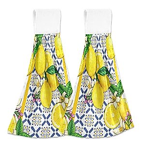 BOENLE Lemon Kitchen Hand Towels Set of 2 Yellow Mediterranean Tile Hanging Tea Towel Bathroom Soft Absorbent Coral Fleece Dish Wash Cloth Decorative