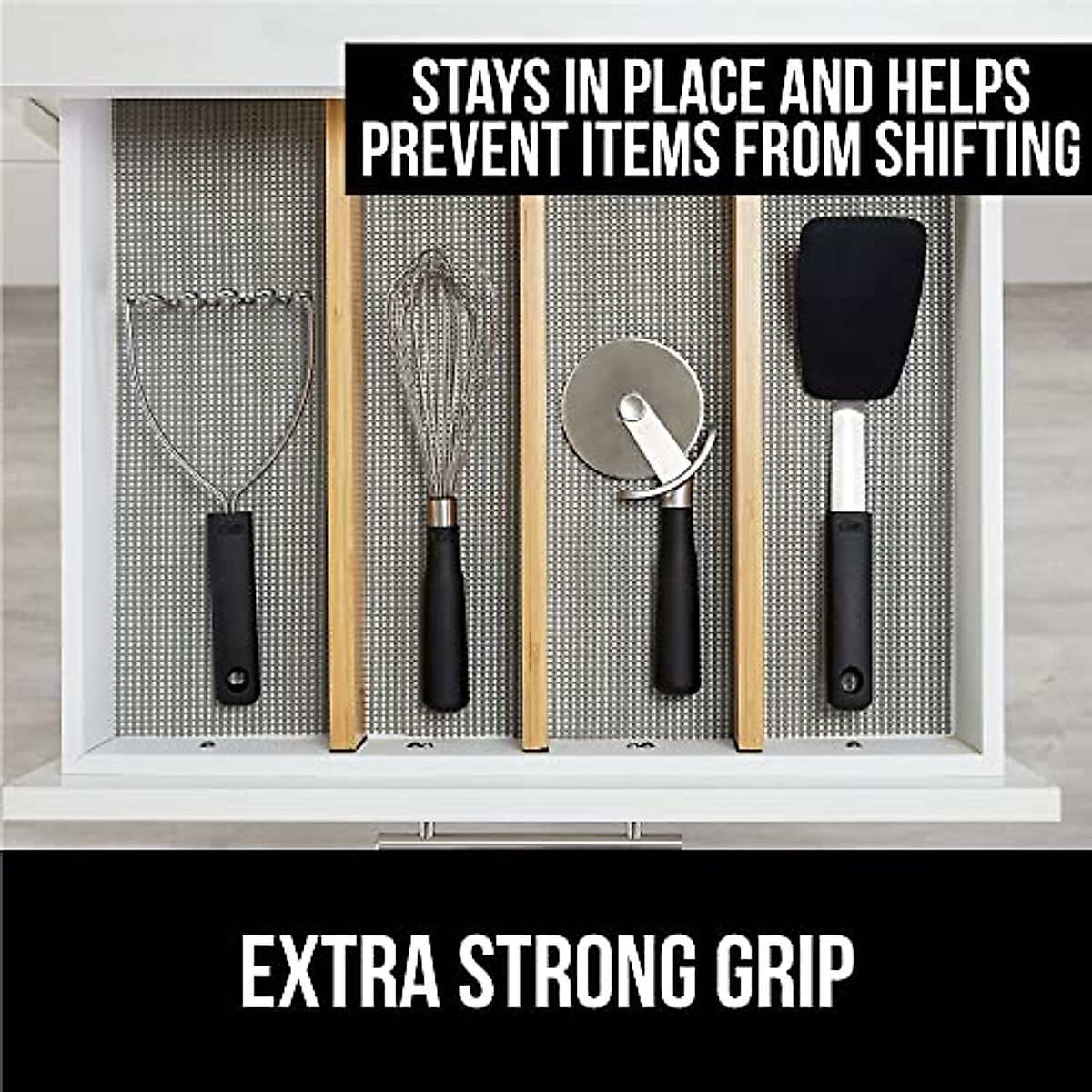 Gorilla Grip Drawer and Shelf Liner and Nonslip Bed Sheet Straps 4 Pack, Shelf Liner Size 20 in x 20 FT Gray, Non Adhesive, Sheet Straps in White, Easy Install, 2 Item Bundle