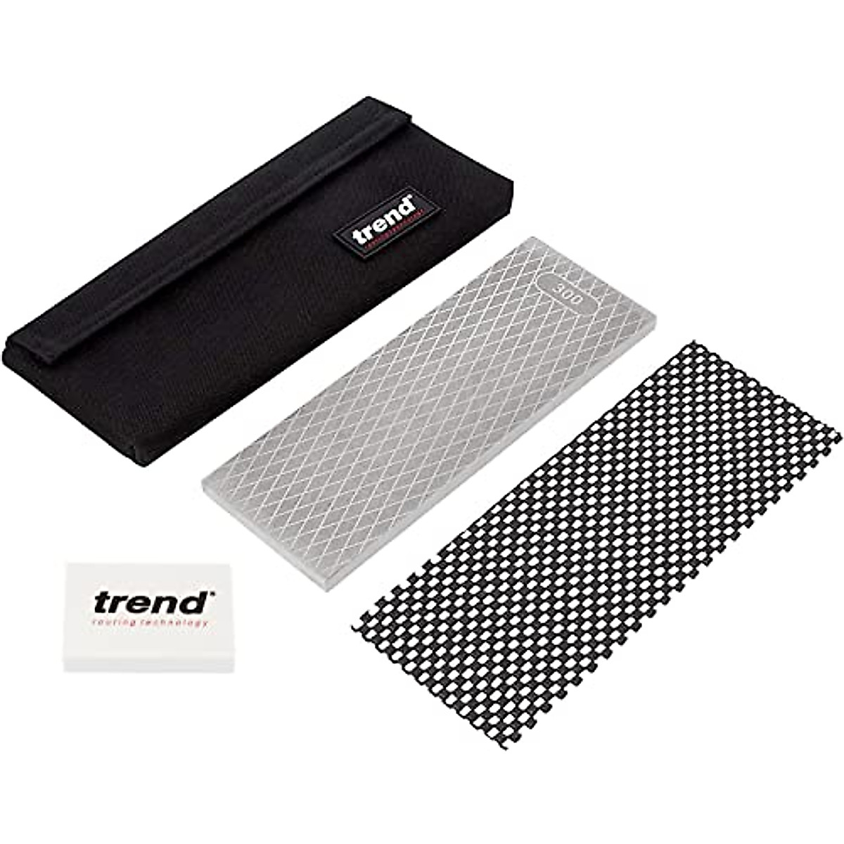 Trend Diamond Sharpening Stone Kit, 8 x 3 Inch Double Sided (300/1000 Grit) Bench Stone with Pouch, Cleaning Block & Non-Slip Mat, DWS/CP8/FC
