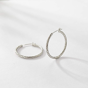 SWEETV 925 Sterling Silver Hoop Earrings for Women Sliver Huggie Earrings Hypoallergenic Textured Huggie Hoop Earring for Sensitive Ears 24MM