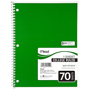 Mead 05512 Spiral Notebook, College Ruled 7.5" x 10.5" 70 Sheets, 1 Subject, 6 Pack, Colors May vary