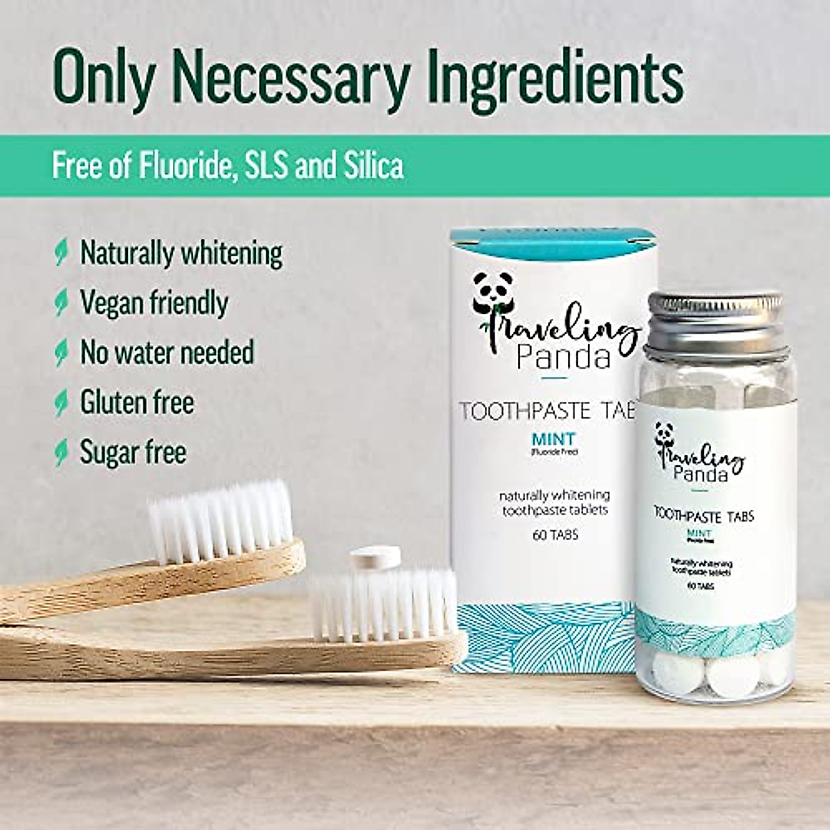 Traveling Panda, Travel Toothpaste Tablets, Chewable Charcoal Whitening Tabs, No Water Required Perfect Traveling Essentials for On The Go Teeth Brushing, Vegan and No Sugar, Mint 60 Tablets