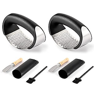 2 Pack Garlic Press Rocker, Stainless Steel Garlic Mincer with 2 Peelers, 2 Scrapers and 2 Brushes | Garlic Crusher Garlic Chopper for Smashing Garlic