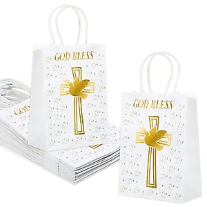 PerKoop 36 Pack First Communion Gift Bags for Boys and Girls Small Religious Party Favor Bags Paper Baptism Candy Bags for Baby Shower Christenings Weddings Confirmations, 8.66 x 6.3 x 3.15 Inch