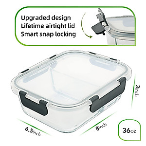 DAS TRUST 3 Pack 36oz Food Storage Containers 2 Compartment Glass Meal Prep Containers with Lids for Adult Food Prep Containers with Divider Reusable Lunch Bento Box