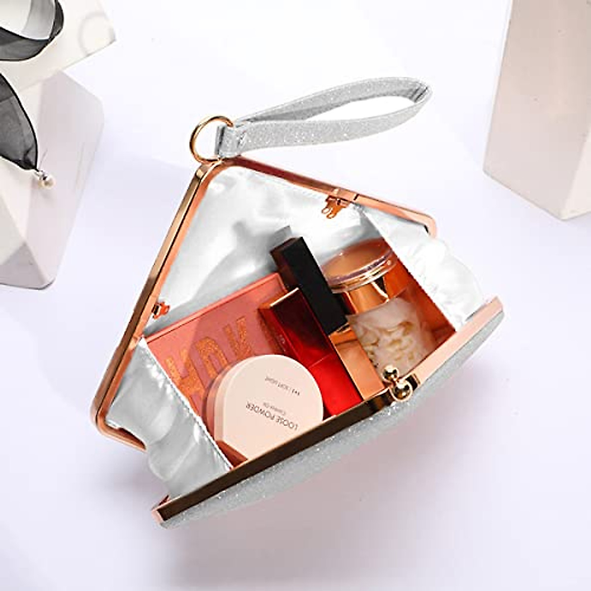 RZTA Women's Rhinestone Clutch Evening Bags Sparkly Glitter Triangle Purse for 1920s Party Prom Wedding 03-Silver