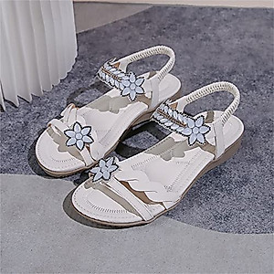 Sandals for Women Summer Flower Sandals Casual Beach Bohemian Sandals Open Toe Elastic Ankle Casual Shoes (White, 6.5)