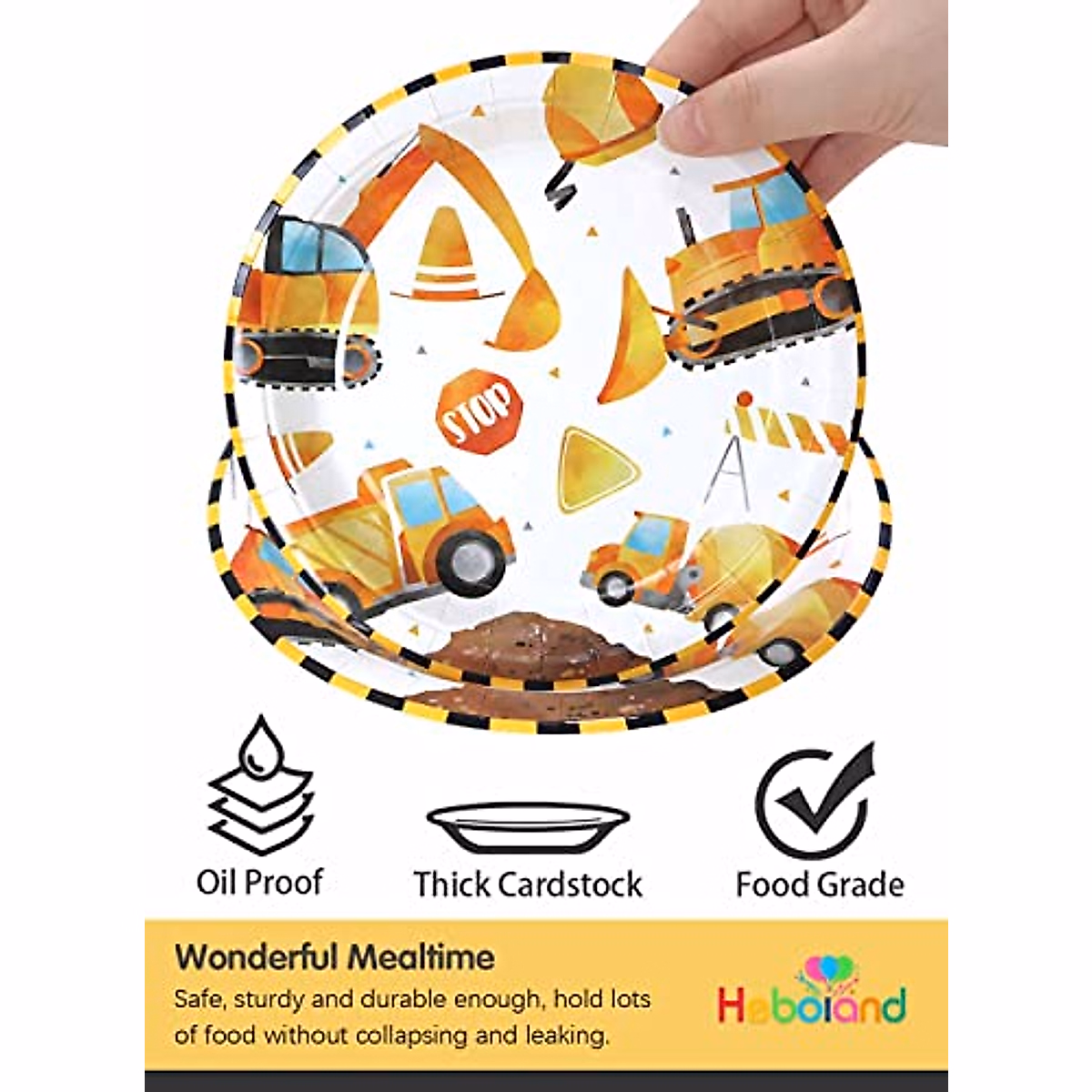 Heboland Construction Birthday Party Supplies Plates and Napkins Set for 25 Guests, Construction Theme Party Decorations for Boys Kids