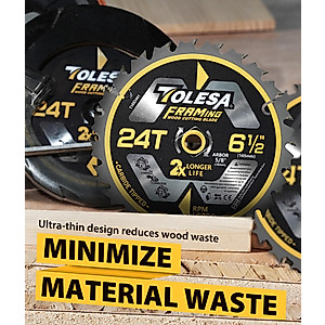 TOLESA 6 1/2 Circular Saw Blade 24 Teeth with 5/8" Arbor, ATB Carbide Teeth, Wood Cutting Framing Saw Blades for Miter Saw & Table Saw, Super Thin Kerf for Cutting Wood, Plywood, MDF, OSB (3 Pack)
